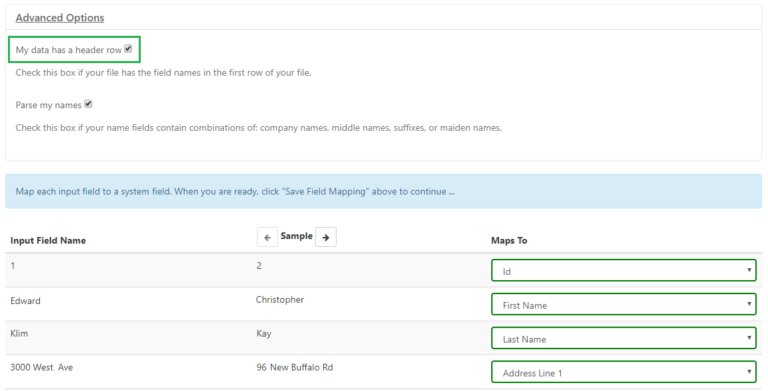 NCOA Processing Advanced Options - Adding or Editing a Header Row - TrueNCOA